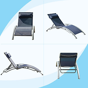 Domi Pool Lounge Chairs Set of 3, Adjustable Aluminum Outdoor Chaise Lounge Chairs with Metal Side Table, All Weather for Deck Lawn Poolside Backyard -Navy Blue Textilene