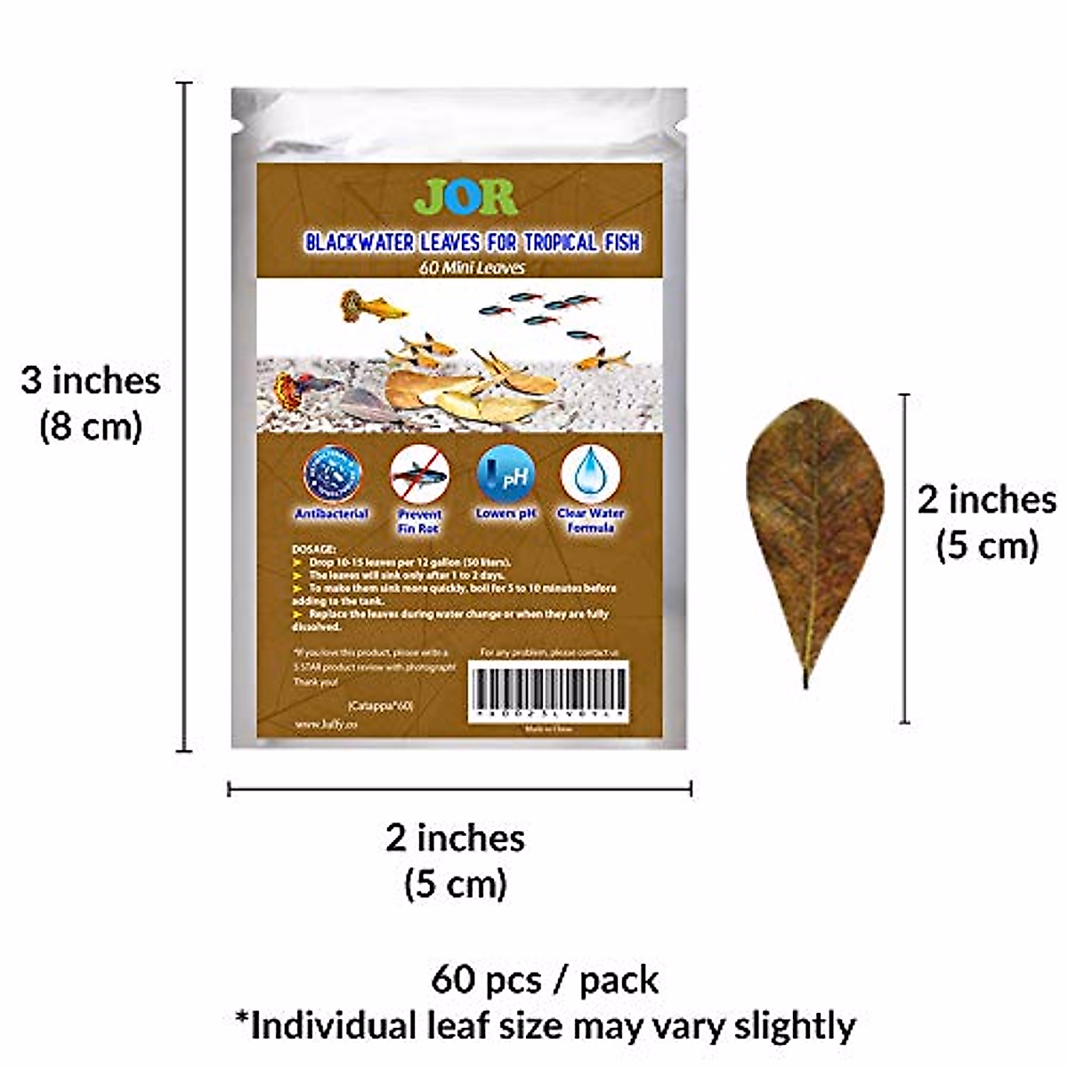 JOR 60 Pack Mini Catappa Indian Almond Leaves for Neon Tetra, Dried Leaf for Spawning, Perfect Hiding Spot, Create Brackish Habitat for Tropical Fish Like Guppy, Platy, Tiger Barb, Discus, Gourami