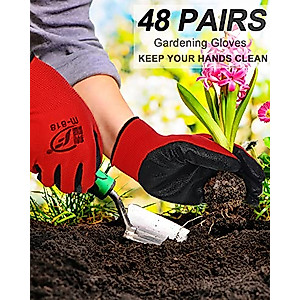 Nuogo 48 Pairs Gardening Gloves for Men Women Rubber Coated Work Gloves Garden Gloves Safety Work Gloves Construction Gloves (Red, Black)