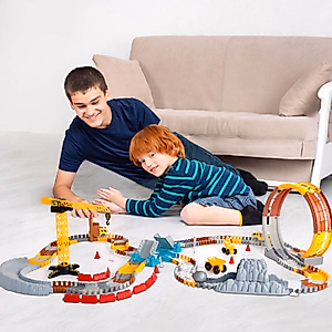 226pcs Construction Themed Race Tracks Set, Flexible Trains Tracks with 2 Race Trucks, Toy Cars Set for 3 4 5 6 7 Years Old Child Kids Boys and Girls, Road Race Playset for Christmas Birthday Gift