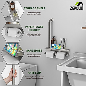 Toilet Paper and Wipes Holder Grab Bar Combo, Zepolu Brushed Nickel Anti-Slip Safety Bar, Wall Mounted Bathroom Handrail w/Storage Shelf, Stainless Steel Handicap Toilet Paper Holder Assist Handle