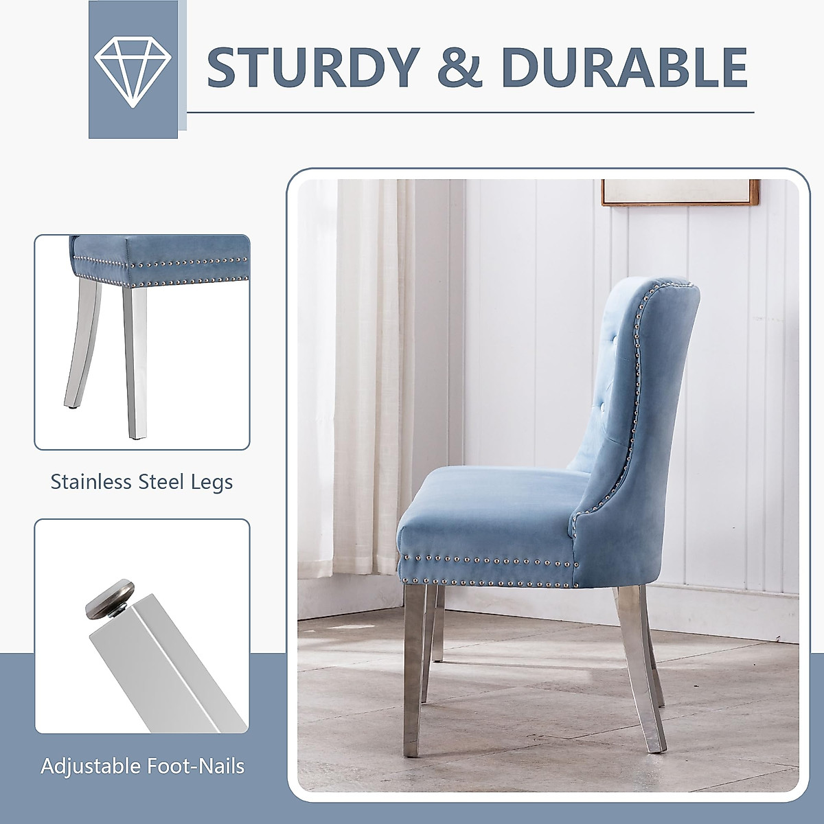 LOULENS 65'' Upholstered Velvet Settee Bench 3 Seater, Modern Tufted Banquette Bench with Back, Accent Loveseat Sofa with Stainless Steel Leg for Dining, Living Room (Blue)