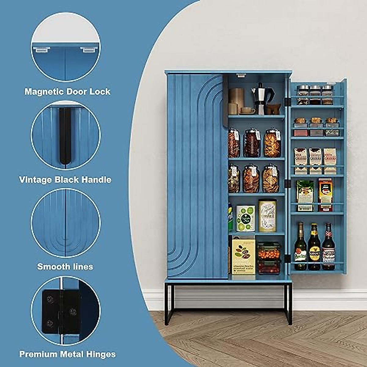 HOLTICO 46.5'' Accent Wood Grain Kitchen Pantry with Doors, Storage Cabinet with Adjustable Shelves, Food Pantry Cabinet for Kitchen, Dining Room, Living Room and Garage, Metal Legs,Blue