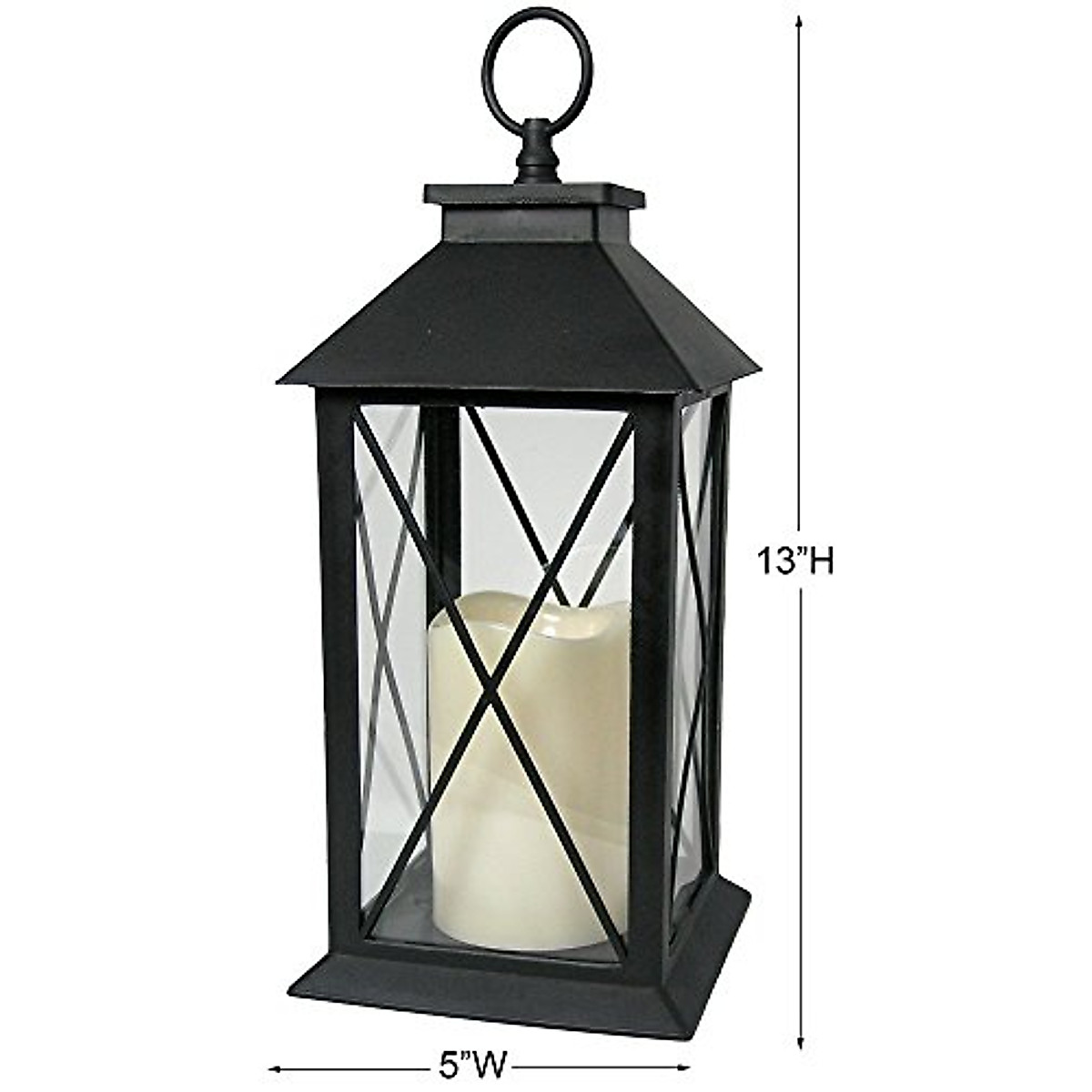 Black Decorative LED Lantern with Cross Bar Design - Pillar Candle with 5 Hour Timer Included - Hanging or Sitting Decoration - Set of 2 - 13"H