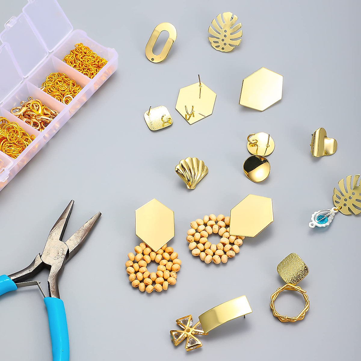 Hicarer 36 Pcs/ 18 Pairs Gold Plated Earring Studs for Jewelry Making Earring Posts with Loop Hole Ear Studs Kit Palm Leaf Shaped Flower Shell Ear Pad Base Posts Heart Hollow Rectangle Hexagon Shapes