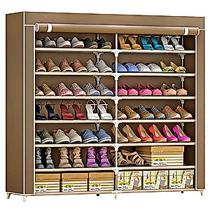 IBEQUEM Double Row 7-Tier Shoe Rack, Stackable Non Woven Cover Shoe Storage Cabinet, Metal Shoe Tower Cabinet Holds 28 Pair, Portable Shoe Shelf for Closet, Balcony, Bedroom Entryway (Coffee)
