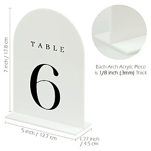 JINMURY White Arch Acrylic Table Numbers 1-30 with Stand, 5x7" White Arch Acrylic Sign and Holder Wedding Table Numbers for Reception, Centerpiece, Event (White, Black Font 1-30, 5x7 Inch)