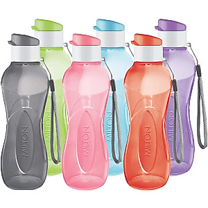 MILTON 6- pack -12 oz Kids Water Bottle for School Reusable Leak proof Small Sports Water Bottle BPA Free Durable Plastic Leak Free with Carry Strap for Lunch Travel Cycling Camping Gym Yoga -6 colors