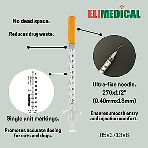 Elimedical Veterinary Insulin Syringe, U-100, 0.5cc (0.5ml), 27g x 1/2 inch (12.7mm), Individually Packed, for Pet Cat or Dog, 100 per Box, 05V2713VB