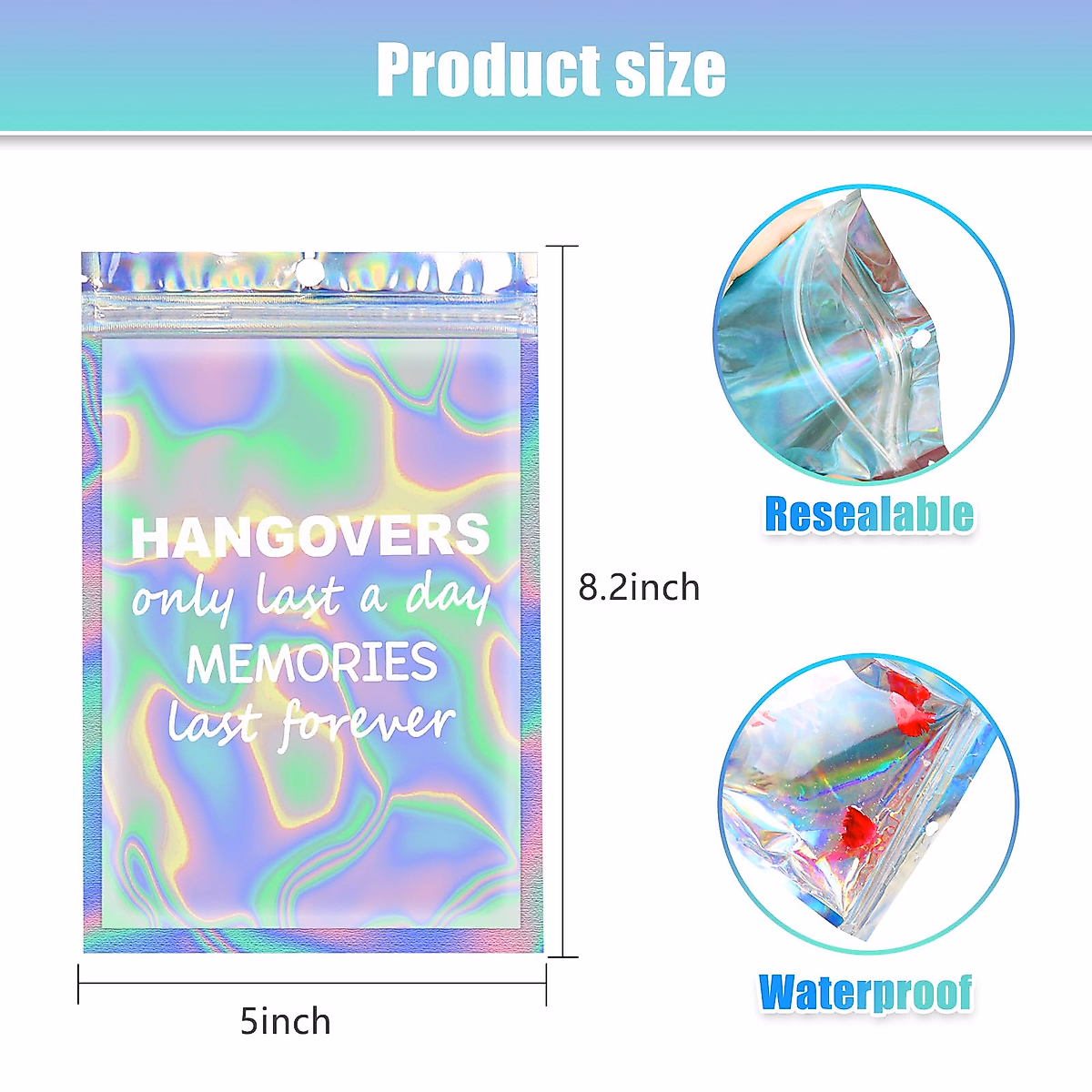 Fcuadro Hangover Kit Bags 20Pcs Holographic Hang Over Recovery Bags Bachelorette Party Supplies Gift Bags for Bridal Shower Party Favors 5X7 (HANGOVER MEMORIES)
