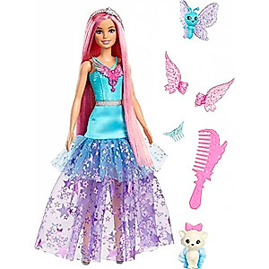 Barbie Doll with Two Fairytale Pets and Fantasy Dress, Barbie “Malibu” Doll from Barbie A Touch of Magic, 7-inch Long Fantasy Hair