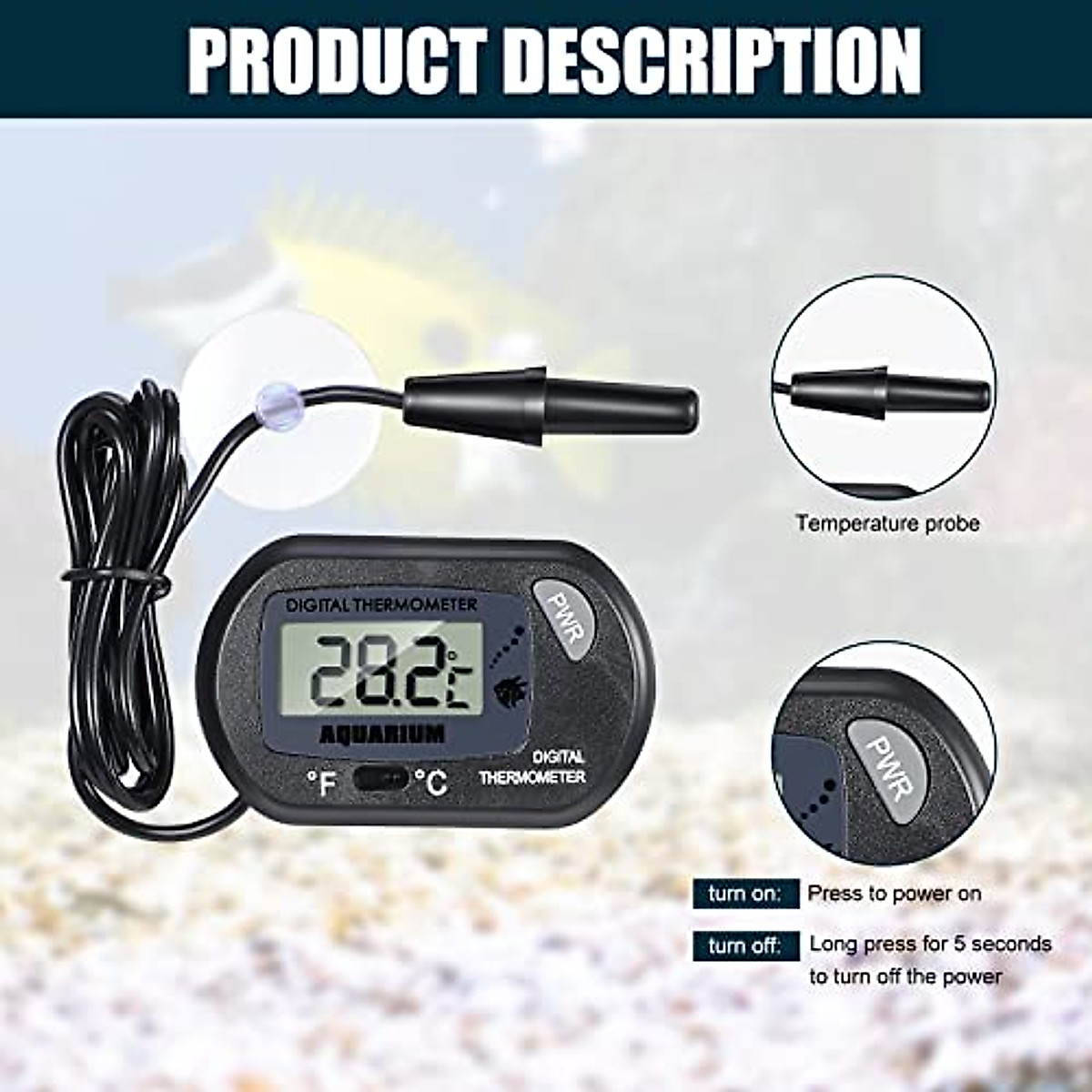 8 Pack Aquarium Thermometer Fish Tank Thermometer LCD Digital Thermometer Water Thermometer Reptile Thermometer with Suction Cup and 3.3ft Cord Fahrenheit/ Celsius for Fish Tank Terrarium Reptile