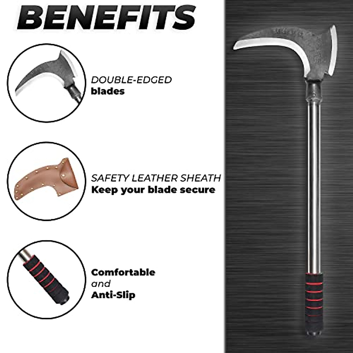 Scythe Garden Tool for Mowing Grass - 21-inch Anti-Slip Long Handle Weeding Scythe Sickle Garden Tool with Dual Scythe Blade and a Leather Sheath and a Small Sharpening Stone