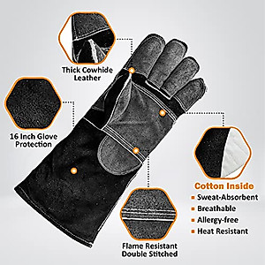 Long Day Camping Co. 16 inch Heat Resistant Wood fire Gloves/Mitts for Grill/Oven/Fireplace/BBQ/Smoker/Mig/Welding/Forge Grey Black