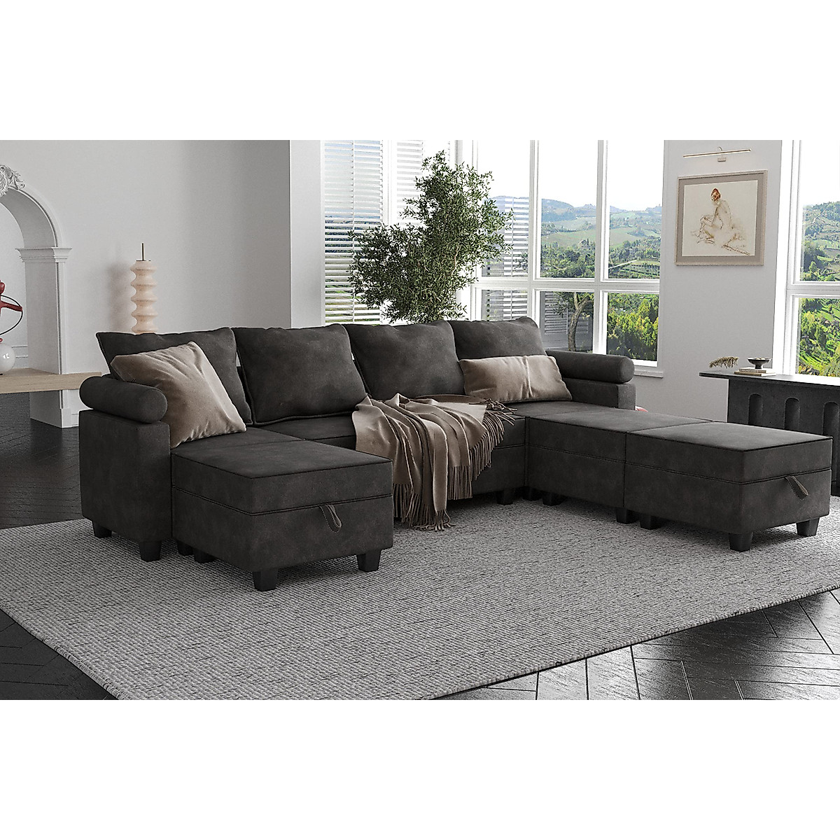 Tbfit Modular Sectional Sofa with Storage Ottoman, Convertible Oversized Couch with Reversible Chaises, Sleeper Sofa with Adjustable Arm for Living Room, 7 Seated, Dark Grey