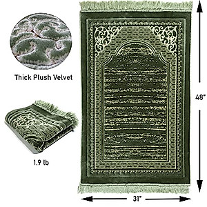 Modefa Turkish Islamic Prayer Rug - Comfortable Muslim Praying Mat for Men & Women - Soft Velvet Janamaz Praying Carpet - Ramadan or Eid Gift - with Kufi Prayer Cap - Lux Plush Regal (Light Green)