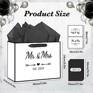 EST 2024 Wedding Gifts Bag Bridal Shower Gift Bags White Black Mr & Mrs Gifts Bag with Tissue Paper and Card Christmas Wedding Gift Wrapping Paper Bag Bridal Anniversary Wedding Shower Gift Bag
