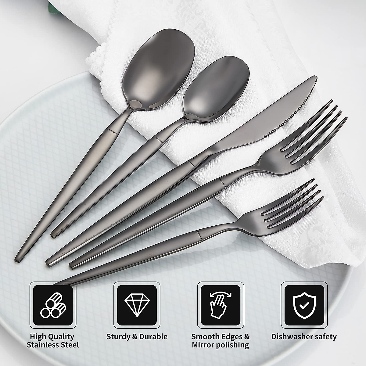 Rygten QU 20-piece Black Silverware Set, Unique Design Stainless Steel Flatware Set, Cutlery Set Spoons And Forks Knives Set, Tableware Set Service For 4, Dishwasher Safe