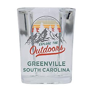 R and R Imports Greenville South Carolina Explore the Outdoors Souvenir 2 Ounce Square Base Liquor Shot Glass