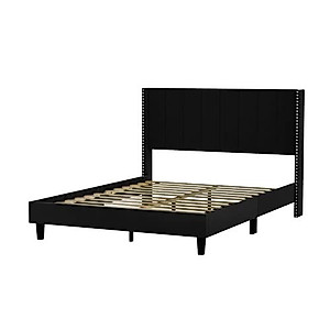 Anwickmak Modern Queen Bed Frame, Velvet Upholstered Wingback Platform Bed Frame Queen Size with Headboard, Low Profile Bed Frame, Sturdy Wooden Slats, Noise-Free, No Box Spring Needed (Black)