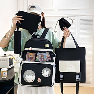 Aiyify 5Pcs Kawaii Backpack Cute Backpack for School Aesthetic Backpack Kawaii School Supplies Backpack Set with Accessories (Black)…