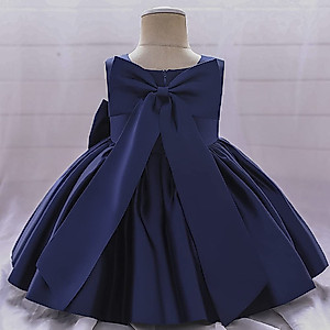 Mubineo Infant Baby Girl Satin Formal Dress Bowknot Princess Birthday Pageant Dress (Navy, 12-18 Months)