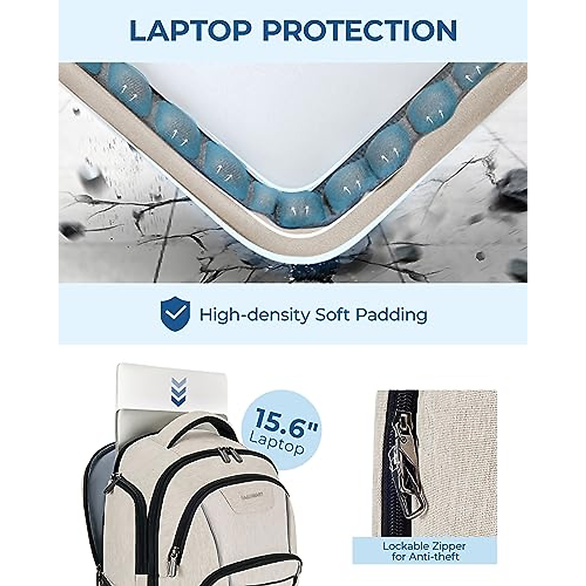 BAGSMART Travel Laptop Backpack, 15.6 inch Anti Theft Laptop Backpack With USB Charger Hole, Water Resistant College bookbag for Women Men, Casual Daily Backpack for travel, Beige