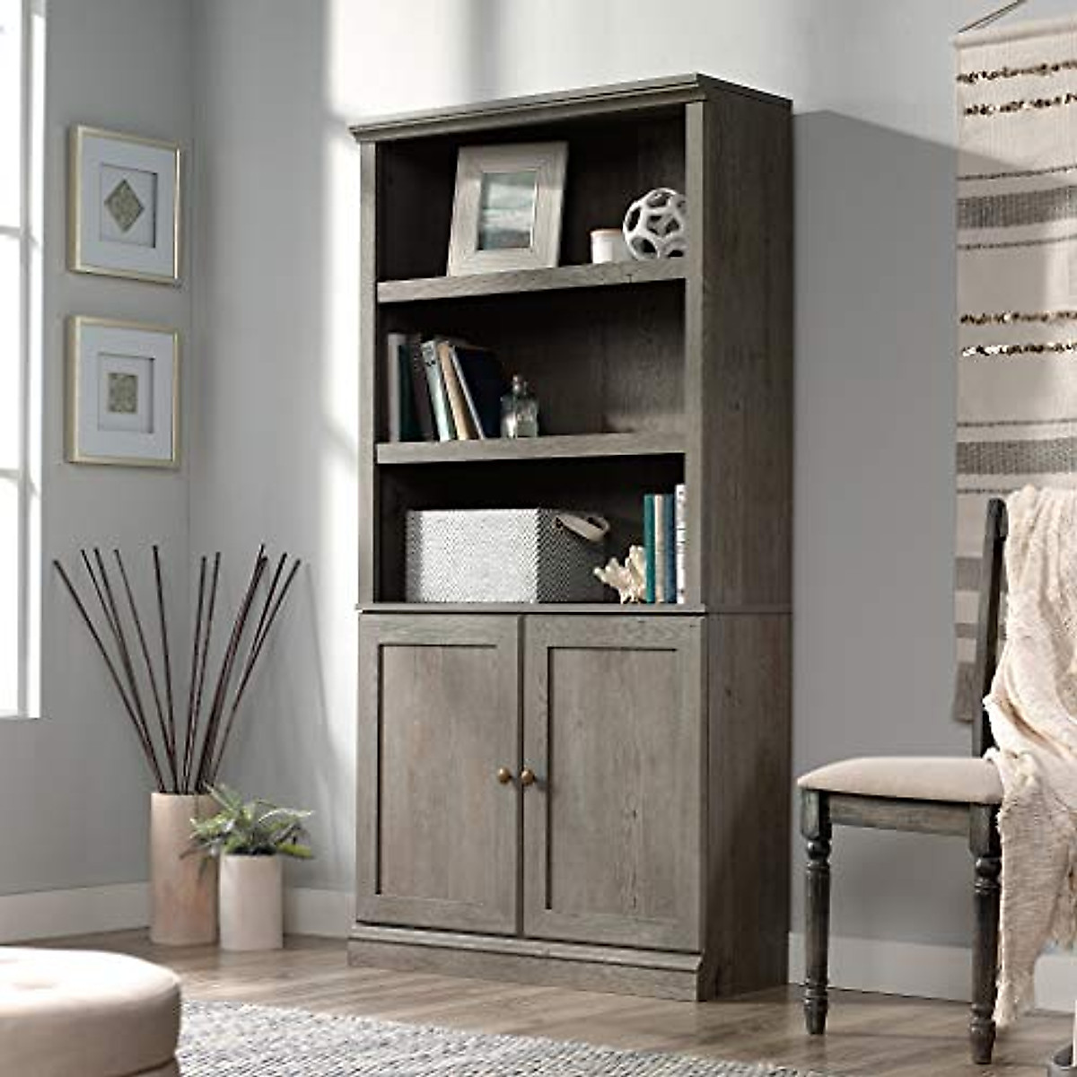 Sauder Bookcase with Doors, L: 35.28" x W: 13.23" x H: 69.76", Mystic Oak finish