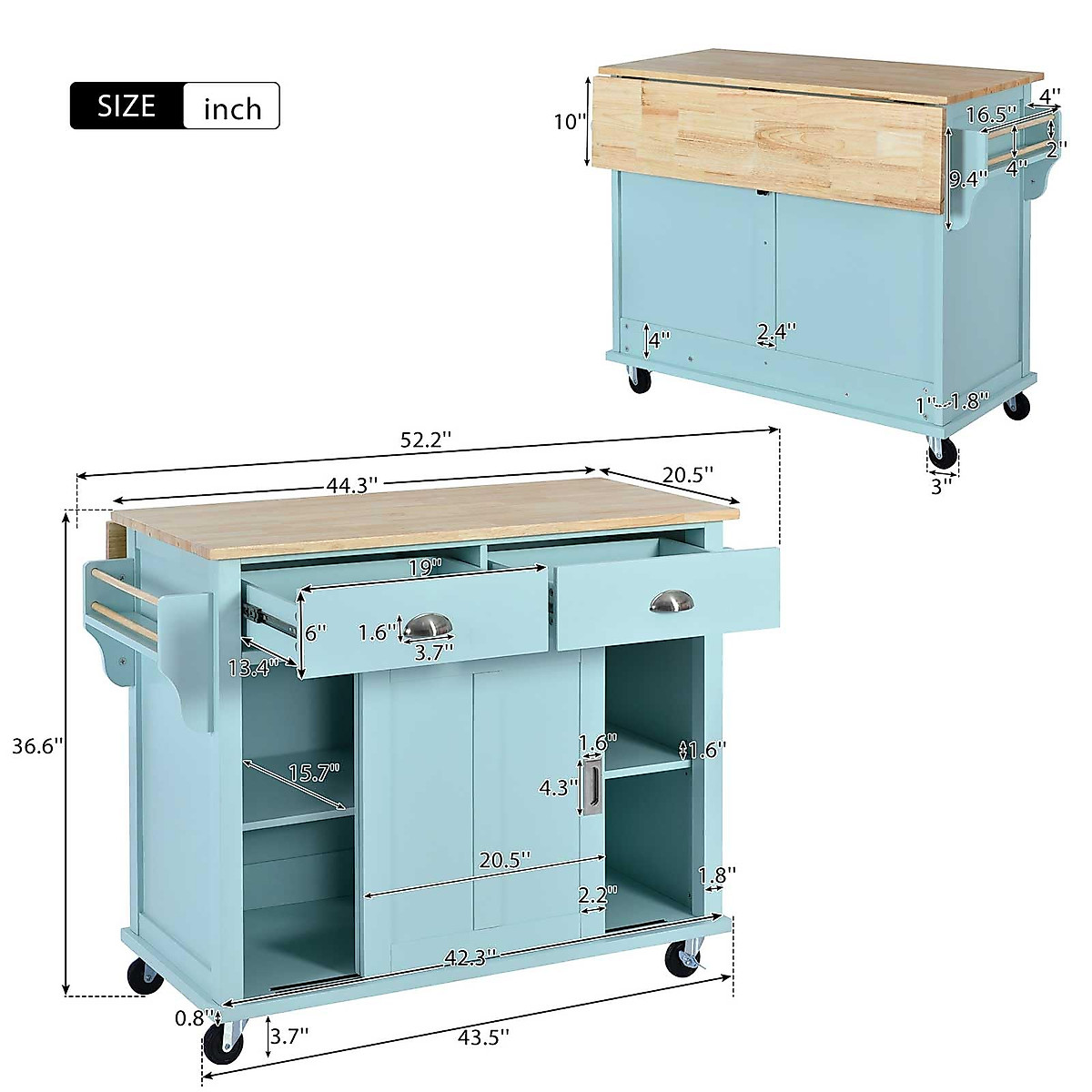 Appot Kitchen Cart with Rubber Wood Drop-Leaf Countertop, Concealed Sliding barn Door Adjustable Height,Kitchen Island on 4 Wheels with Storage Cabinet and 2 Drawers