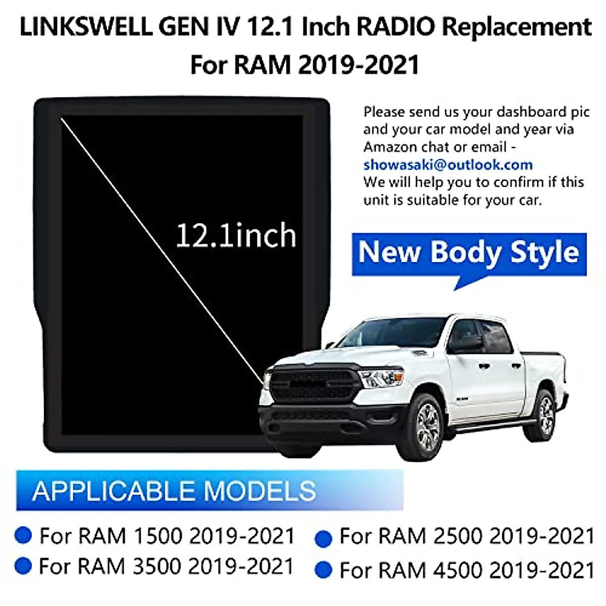 LINKSWELL GEN IV 12.1 Inch Radio Replacement for RAM 2019 2020 2021 Trucks New Body Style 1500/2500/3500 Android 8.1 T-Style Car Stereo Touch Screen Head Unit Multimedia Bluetooth GPS Navigation