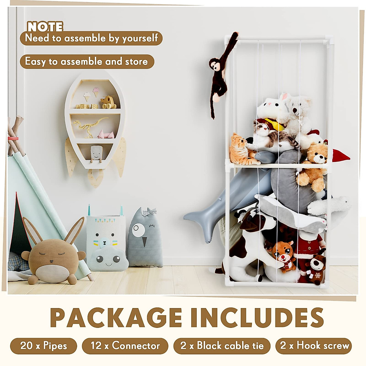 Stuffed Animal Storage Standing Storage Organizer Display Large Stuffed Animal Holder Plush Toy Storage for Kids Room Playroom Bedroom Nursery, Easy to Assemble PVC