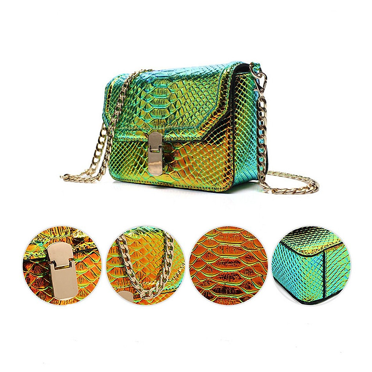 Yair Yangtz Holographic Snakeskin Crossbody Bag Shoulder Bag Women's Hologram Leather Purse (S Green)