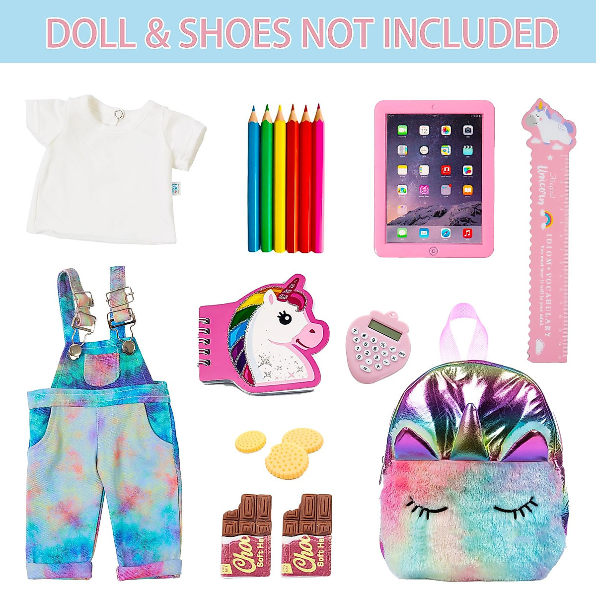 DONTNO American 18 Inch Doll Accessories, Cute School Supplies Set for 18 Inch Doll- Doll Clothes, Denim suspenders, Doll Bag, Pencil, Ruler, American Doll for kids