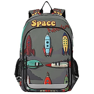 Glaphy Retro Rocket Ships Backpack, School Bag Lightweight Laptop Backpack Students Travel Daypack with Reflective Stripes