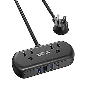 Power Strip with USB, SUPERDANNY Mini Surge Protector with 2 Wide-Spaced Outlets, 3 USB-A and 1 USB-C, 5 Ft Extension Cord, Flat Plug, Compact Size Desktop Charging Station Travel, Home, Office, Black