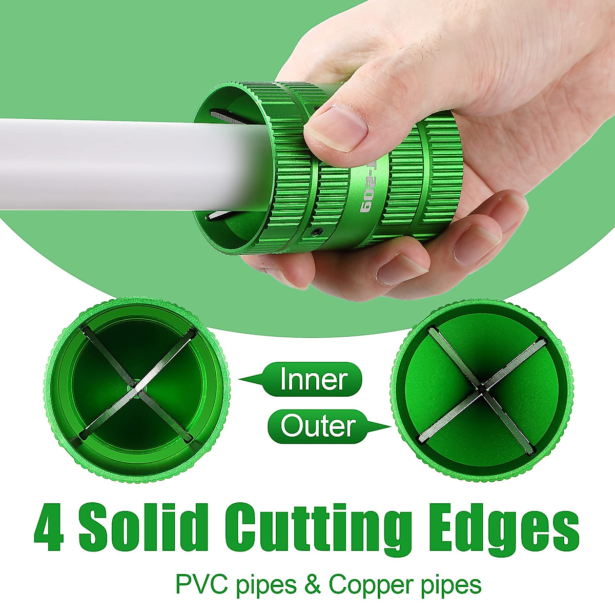Dreyoo Pipe Reamer PVC Deburring Tool, [Plumbers Efficient Helper] Copper Deburring Tool Pipe Cleaner All Metal Pipe Chamfer Tool 1/4'' to 1-5/8'' Inner Outer for Wide Diameter Pipe (Green)
