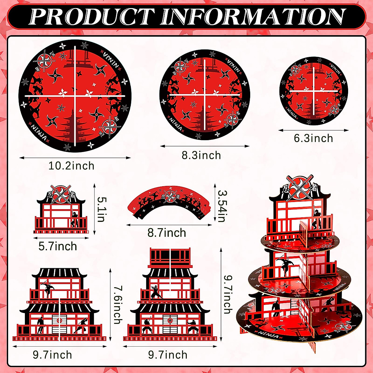 25 Pcs Ninja Party Decorations 3 Tier Ninja Cupcake Stand Ninja Birthday Party Supplies Ninja Cupcake Wrapper Ninja Cupcake Holder for Boys Birthday