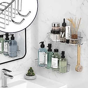 AmazerBath Adhesive Shower Caddy Basket Rack with Hooks, Shower Shelf Wall Mounted, No Drilling Shower Organizer for Bathroom, Rustproof Stainless Steel, 2 Pack, Chrome