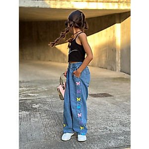 Rolanko Big Girls Baggy Jeans Elastic Wide Leg Stretch Denim Pants Loose Kids Clothes (Colorful Butterfly, 14-16)