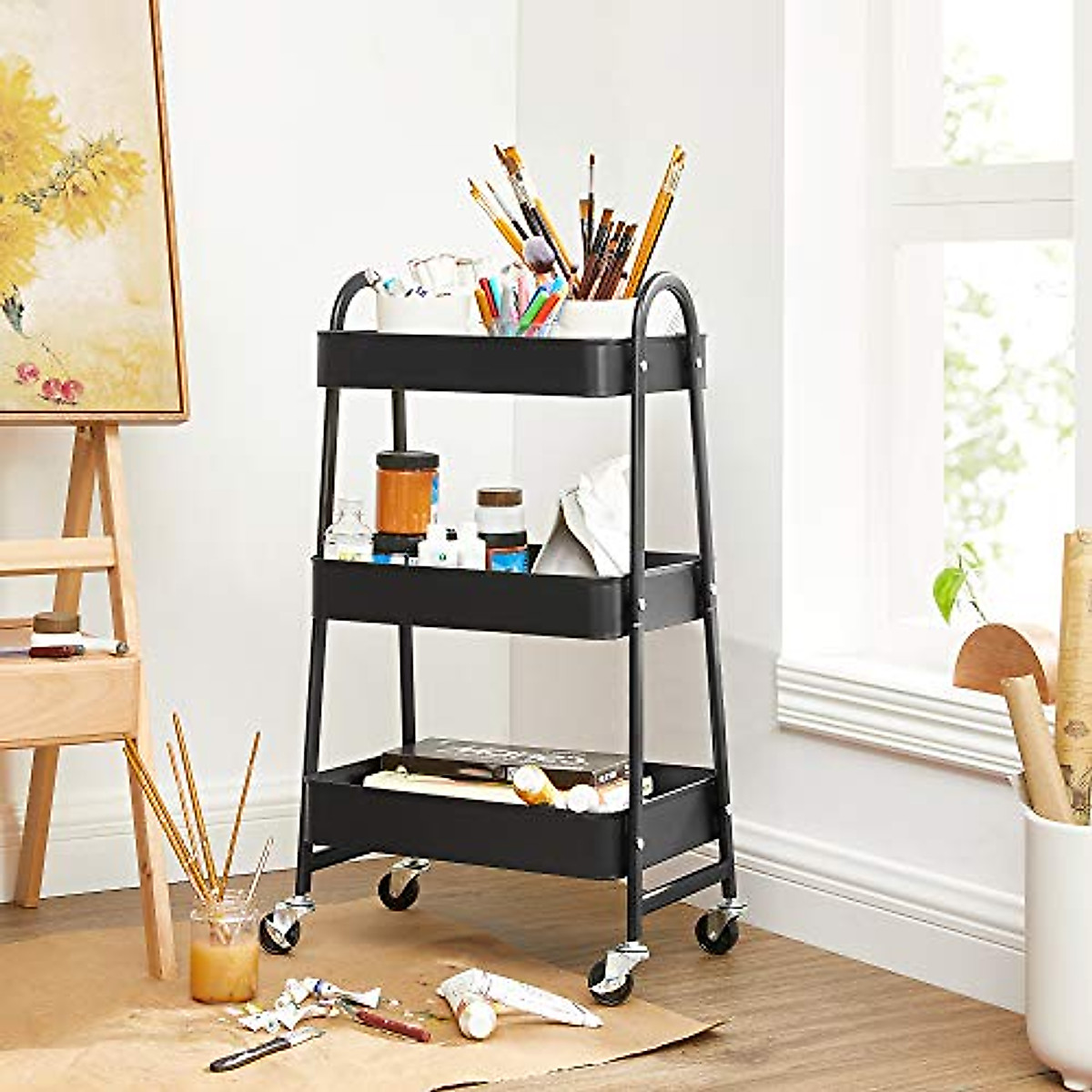 SONGMICS 3-Tier Rolling Cart, Metal Storage Cart, Kitchen Storage Trolley with 2 Brakes and Handles, Utility Cart, Easy Assembly, for Painting Utensils Bedroom Laundry Room, Black UBSC068B01