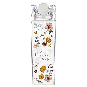 Acrylic Water Bottle by Heartfelt - Square Bottles - Clear Carton Juice or Milk Carton Water Bottle, 17-Ounce, Flower Child