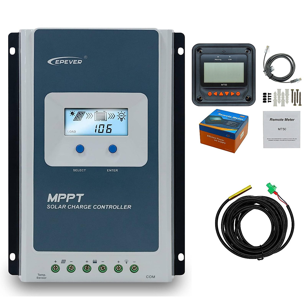 EPEVER 40A MPPT Solar Charge Controller with Tempreture Sensor MT50 Remote Meter 12V 24V Auto Indentify Apply for Lead Acid Lithium LiFePO4 (Tracer4210AN+MT50+Tempreture Sensor)
