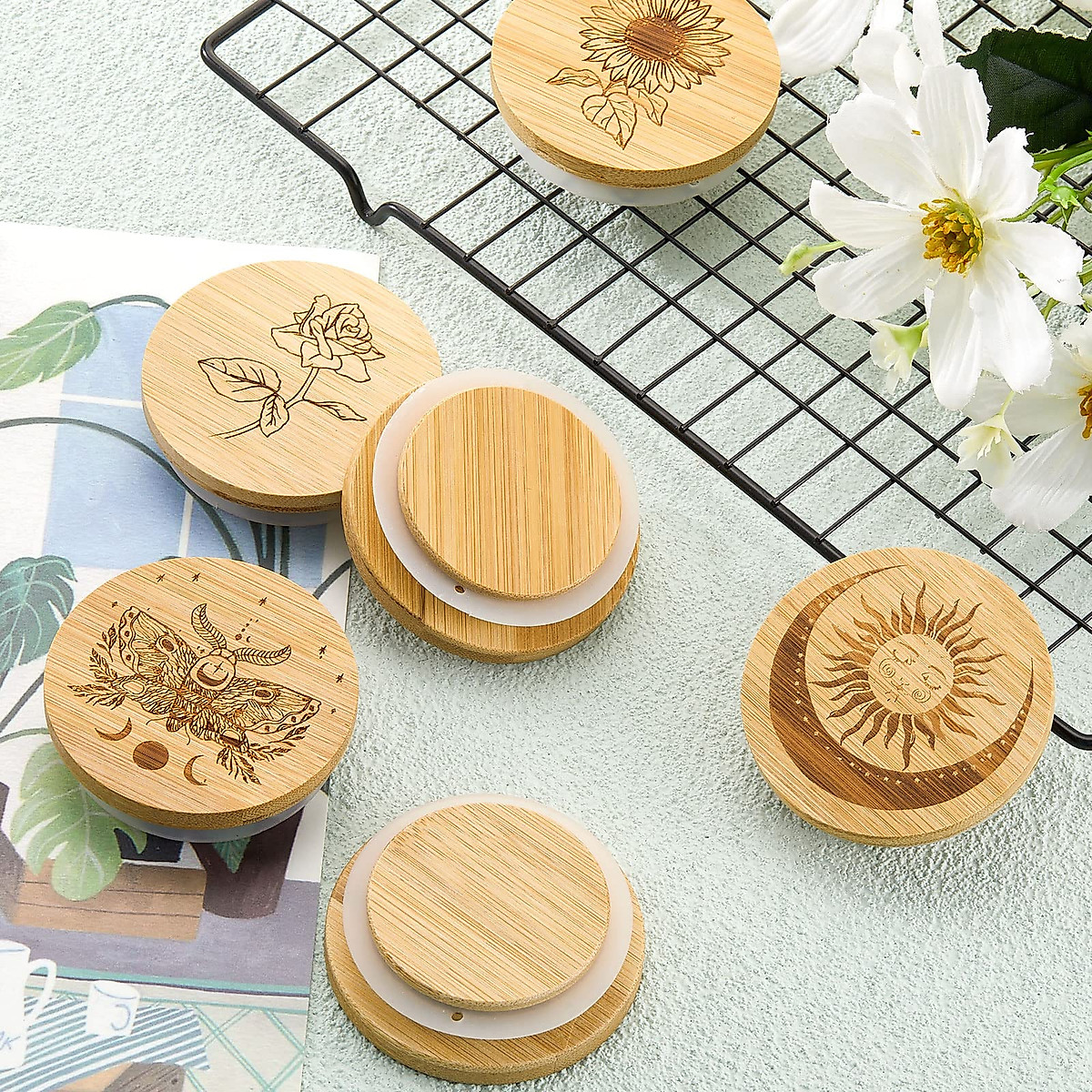 Tessco 6 Packs Yogurt Jar Lids Set Bamboo Wood for Jars Reusable Lid with Silicone Sealing Rings and Different Patterns Compatible Oui Glass Containers