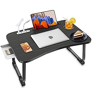 Fayquaze Laptop Bed Desk, Portable Foldable Laptop Bed Table with USB Charge Port Storage Drawer and Cup Holder,Lap Desk Laptop Stand Tray Table Serving Tray for Eating, Reading and Working