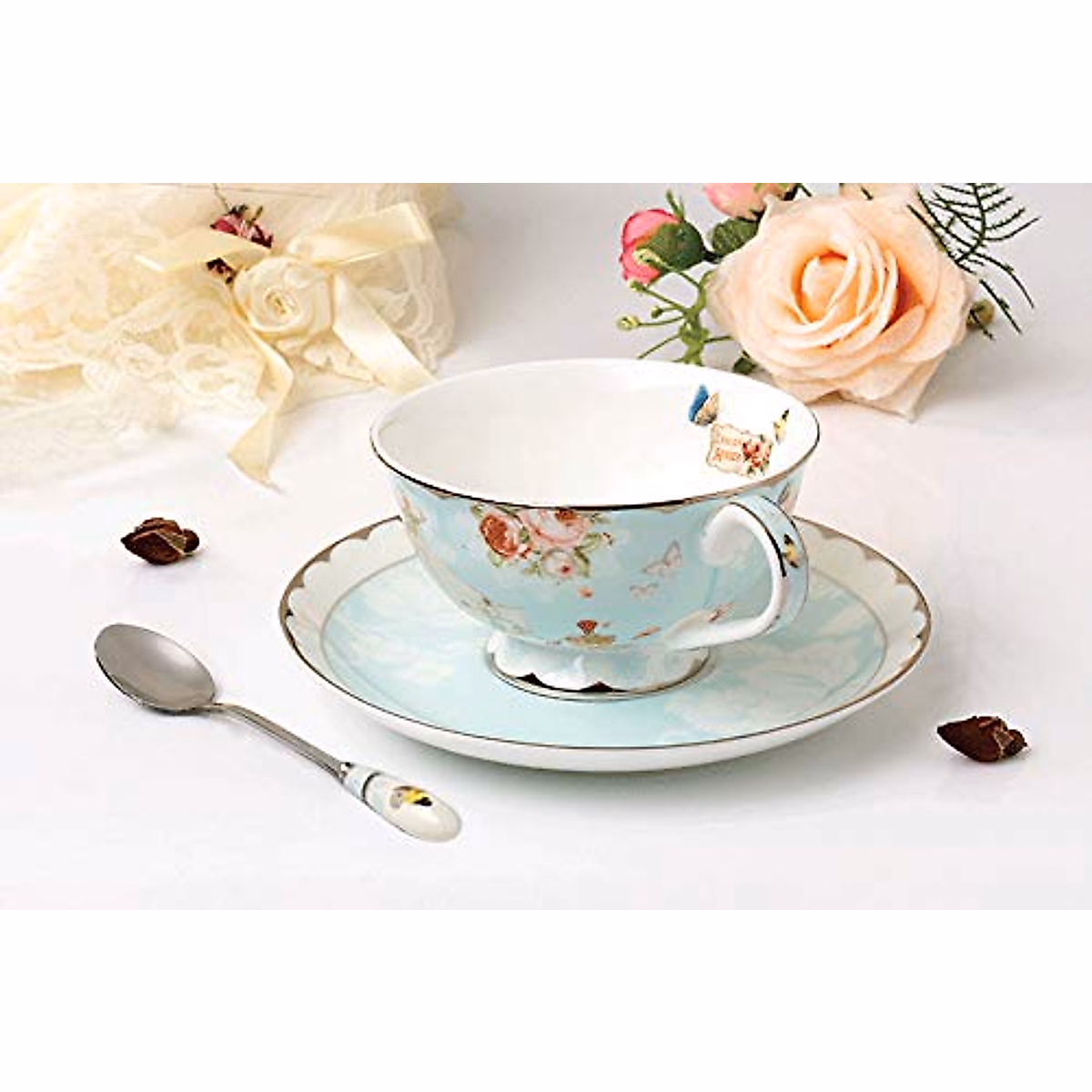 Fine Bone China Tea Cups and Saucers, Pastel Blue Floral Design Coffee Mug Tea Cups Set with Gift Box for Women Mom, 7 Ounces