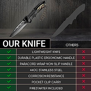Grand Way Pocket Knife - Tactical Folding Knife - Spring Assisted Knife with Fire Starter Paracord Handle - Best EDC Survival Hiking Hunting Camping Knife - Knife with Firestarter and Whistle 6772