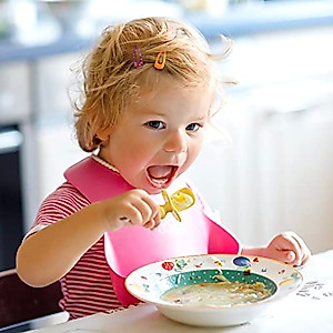 4 Pack Baby Utensils Self Feeding 6+ Months, Silicone Baby Spoons and Forks, Toddler Utensils for Baby Led Weaning, Chewable Utensils First Stage, Pink, Yellow