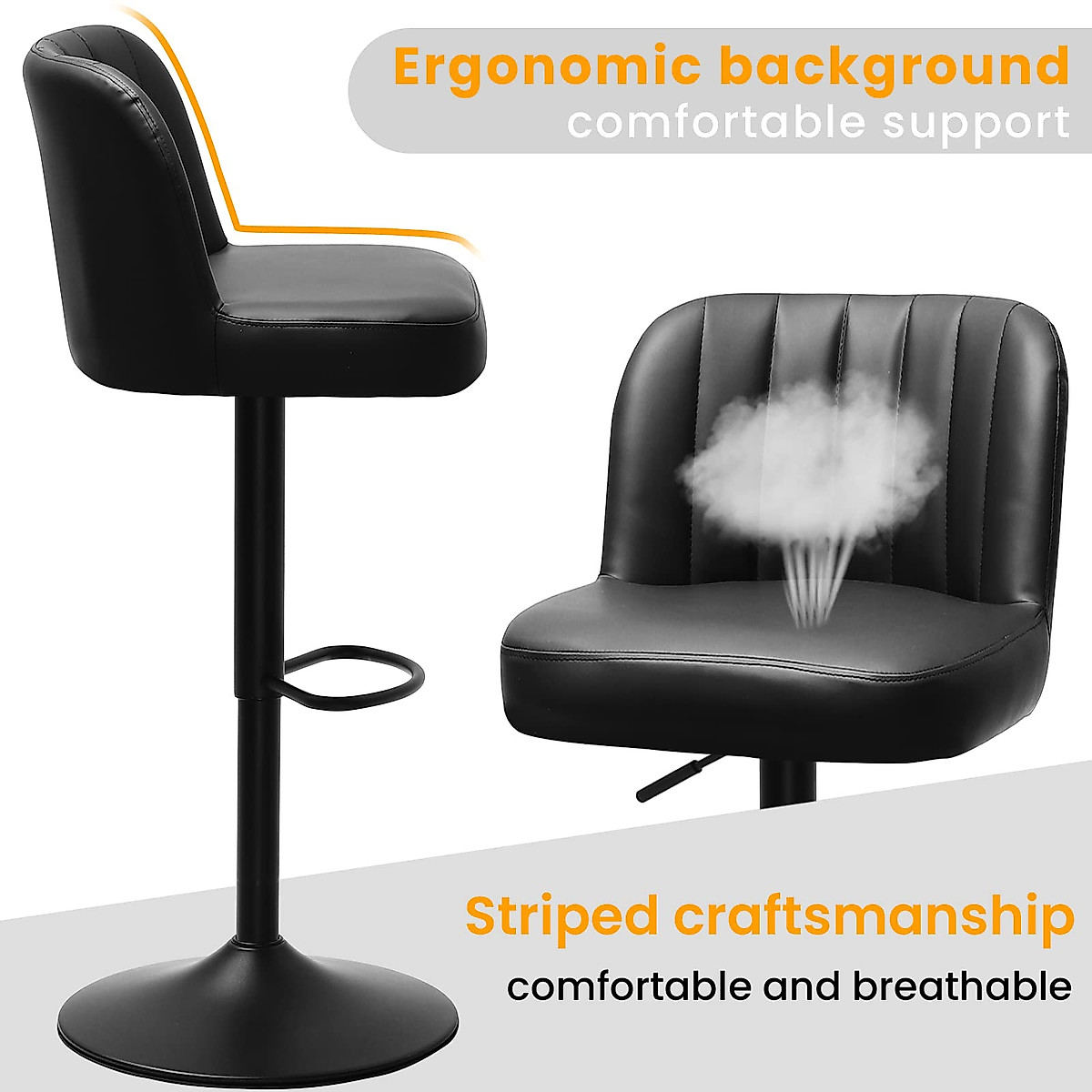 DICTAC Leather Bar Stools Set of 2, Black Barstools Bar Height Set of 2, Swivel Counter Height Bar Stools, Adjustable Bar Chairs for Kitchen, Capacity 400lbs