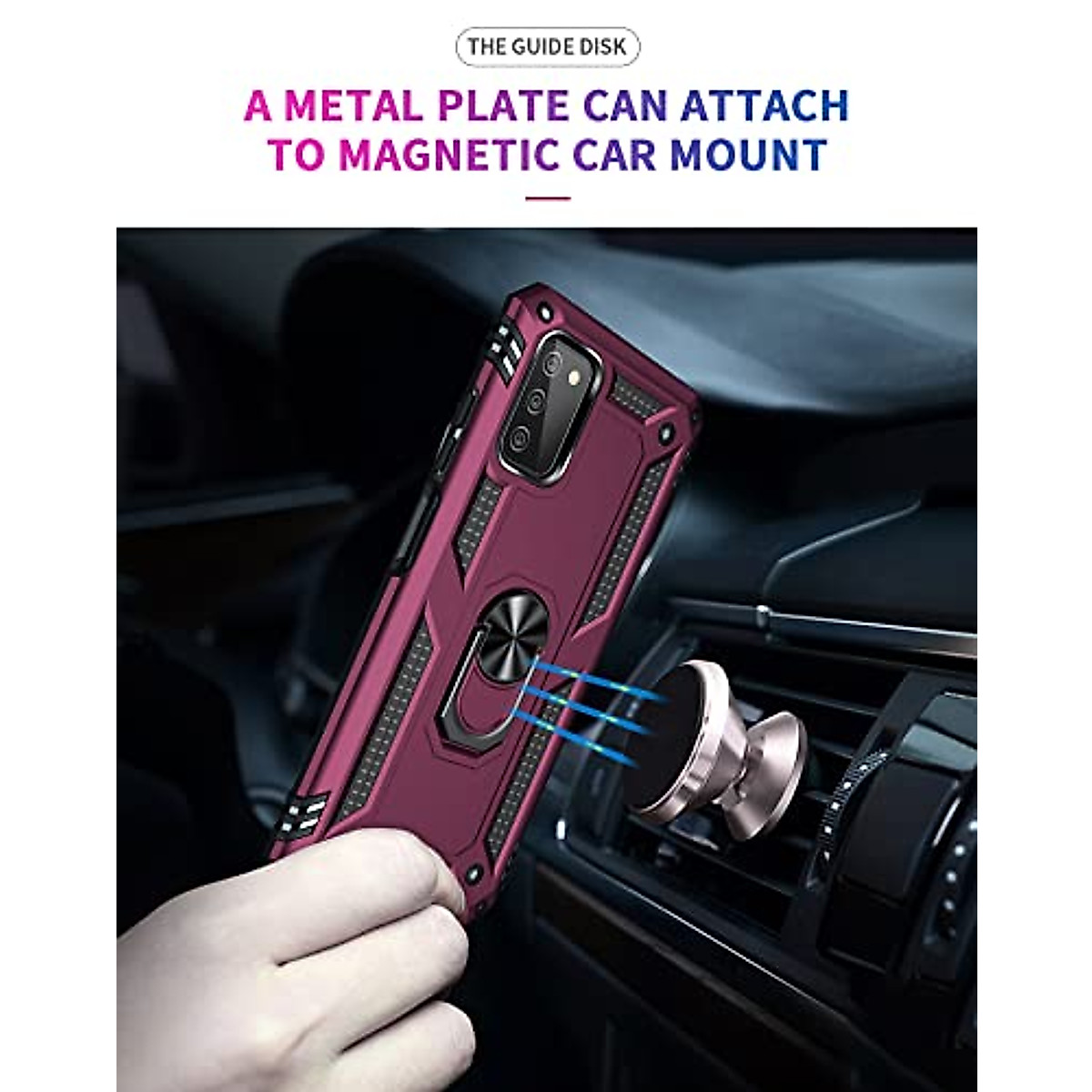 YmhxcY Galaxy A03S Case with Military-Grade Explosion-Proof Screen Protector【2 Pack】, Magnetic Car Mount Ring Holder Stand Cover for Samsung Galaxy A03S (6.5 Inch)-AA Wine Red