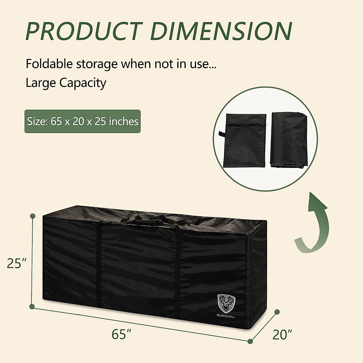 RUMIDOPH Waterproof Outdoor Cushion Storage Bag with Pad Handles Extra Large Zippered Patio Storage Bags for Furniture Cushions, Christmas Tree Carrying Bag, 65 x20 x25IN, Black